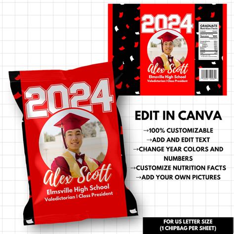 Red Chip Bag Canva Template For Graduation 2024 Graduate Custom Picture Chip Bag Party Favor