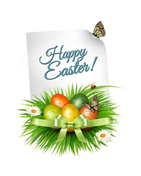 Spring Easter Background Easter Eggs In Grass With Flowers Stock