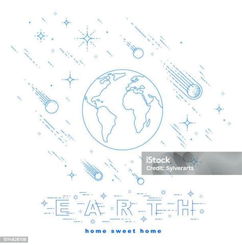 별 혜성 소행성 및 다른 요소에 의해 둘러싸인 공간에서 행성 지구 끝 없는 우주에 작은 지구 얇은 선 3d 벡터 그림은 흰색 절연입니다 0명에 대한 스톡 벡터 아트 및 기타