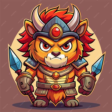 Fierce Guerrero León Con Espadas Personaje De Dibujos Animados Vector