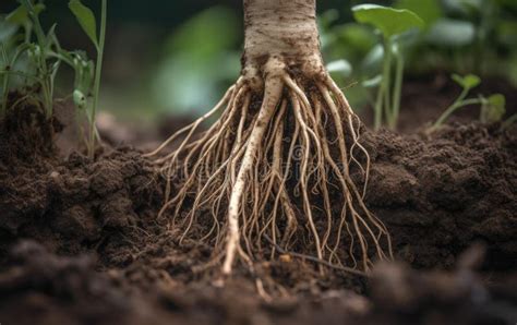 Roots Of Plant Growing Underground Close Up Layers Of Soil Cros Stock