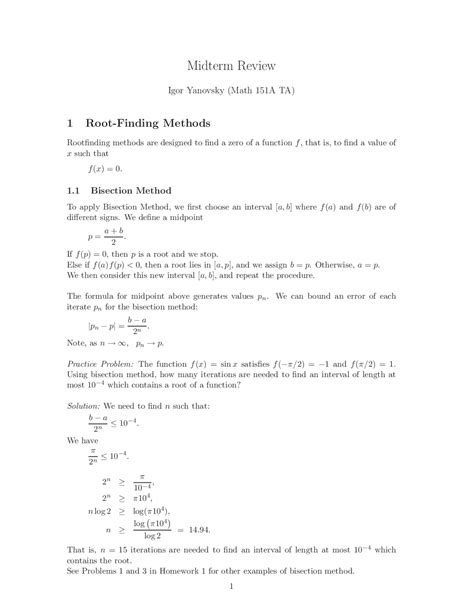 midterm review for applied numerical methods math 151a exams