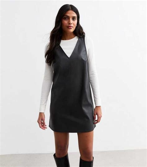 Black Faux Leather V Neck Mini Pinafore Dress New Look