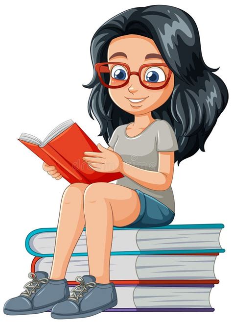 A Happy Woman Reading On A Stack Of Books Stock Vector Illustration