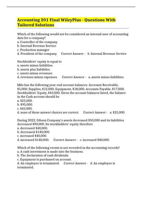 Accounting 201 Final Wileyplus Questions With Tailored Solutions Accounting Wileyplus