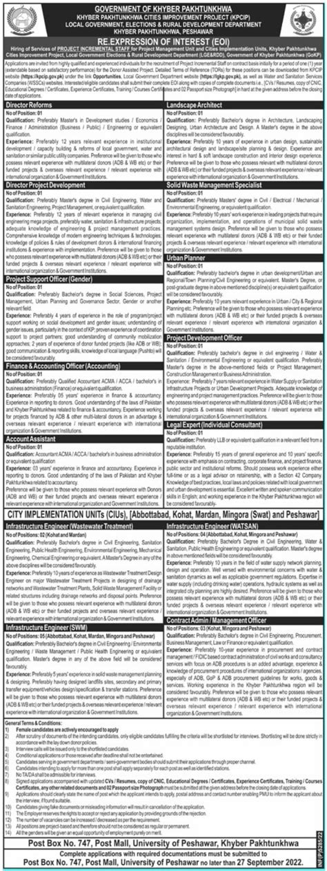 Khyber Pakhtunkhwa Cities Improvement Projects Kpcip Jobs 2026 Job