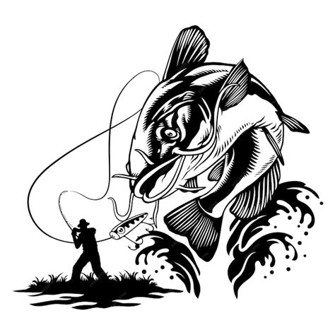 Pescador Pegando O Bagre Em Preto E Branco Vetor Premium