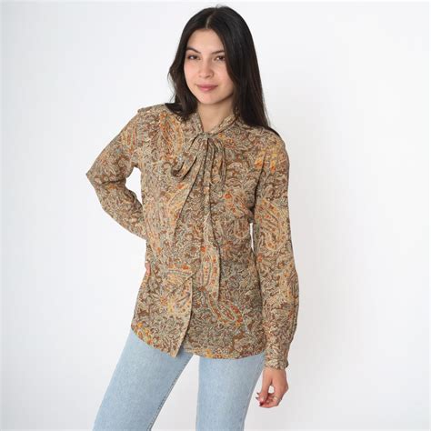 70s Floral Shirt Ascot Blouse Neck Tie Top Vintage Paisley Bow