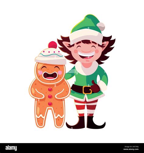 Gingerbread Man And Elf With Hat In White Background Vector