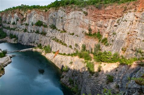 Industrial Quarry Landscape Water Reflection Earth Excavation Stock