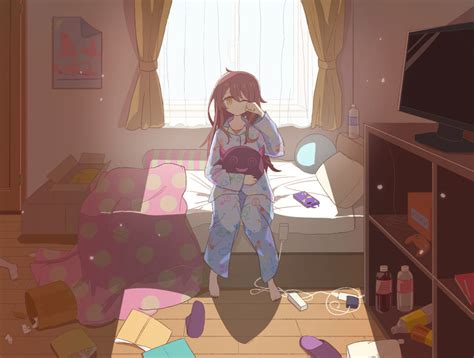 Safebooru 1girl Bed Bedroom Bottle Brown Hair Commentary Request