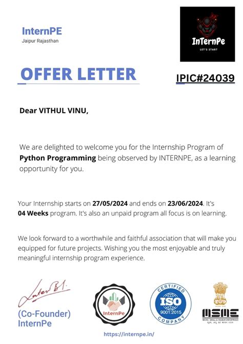 Vithul Vinu On Linkedin Internship Pythonprogramming Careergrowth Internpe
