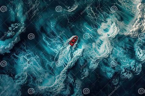 Featuring An Overhead View Of Waves Crashing On A Blue Sea At Night A Small Red Lifeboat Is