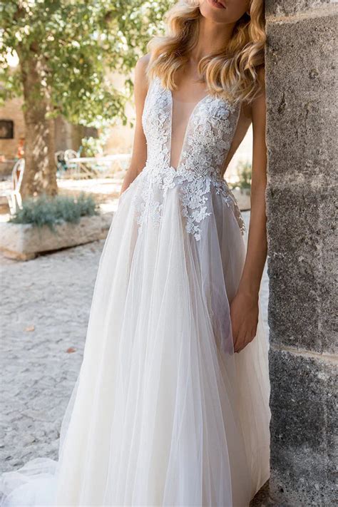 A Line Illusion Deep V Neck Lace Decal Bohemian Style Wedding Dress