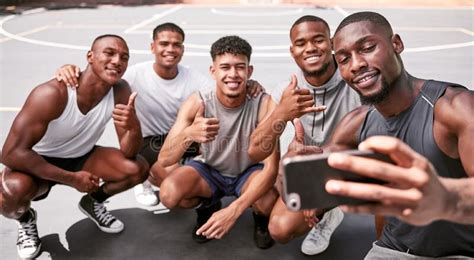 Selfie Basketball And Team On A Sports Court For Partnership