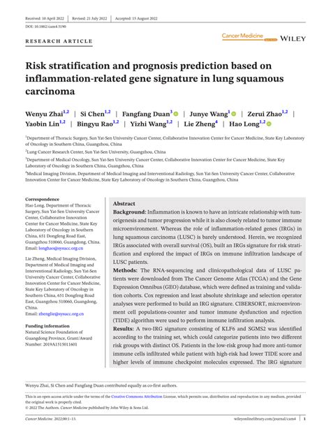 Pdf Risk Stratification And Prognosis Prediction Based On Inflammation‐related Gene Signature