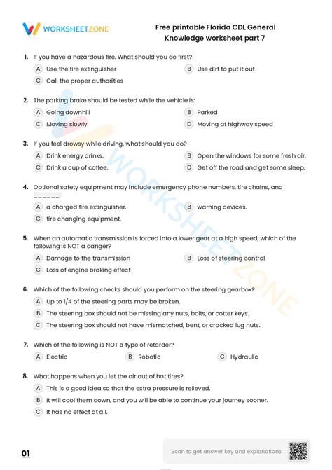 Free Printable Florida Cdl General Knowledge Worksheet Part 7