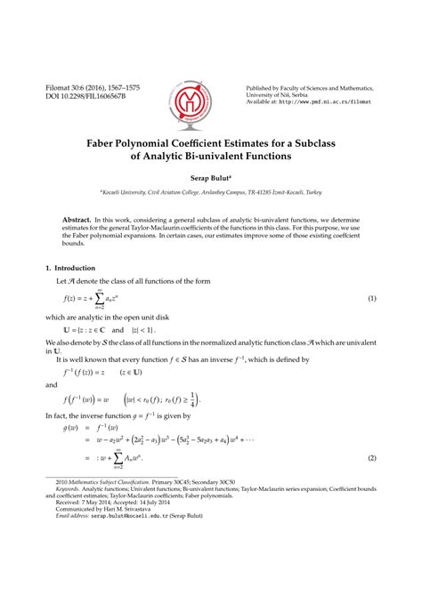 Pdf Faber Polynomial Coefficient Estimates For A Subclass Of Analytic