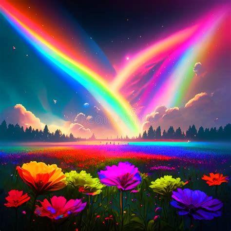 Rainbow Over The Field Of Flowers 3d Render Illustration Stock