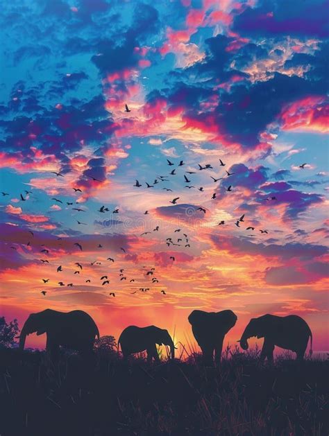 A Group Of Elephants Stands Together Against The Backdrop Of A Stunning