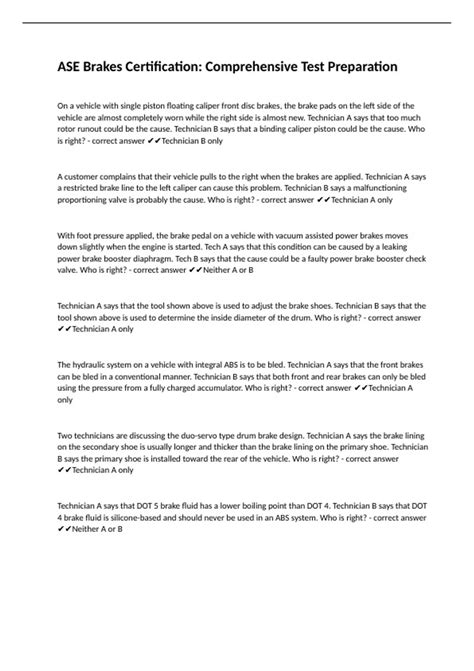 Ase Brakes Certification Comprehensive Test Preparation Ase Stuvia Us
