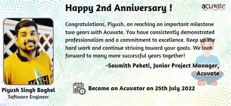 Piyush Singh Baghel On Linkedin Anniversary Workanniversary Acuvate Softwareengineer Gratitude