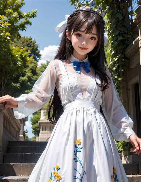 파란 리본과 흰색 드레스를 입은 하얀 드레스를 입은 아라페드 여성 Seaart Ai 파란 리본과 흰색 드레스를 입은 하얀 드레스를 입은 아라페드 여성 Seaart Ai