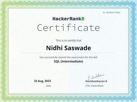 Nidhi Saswade On Linkedin Presenting My Intermediate Certificate In Sql From Hackerrank
