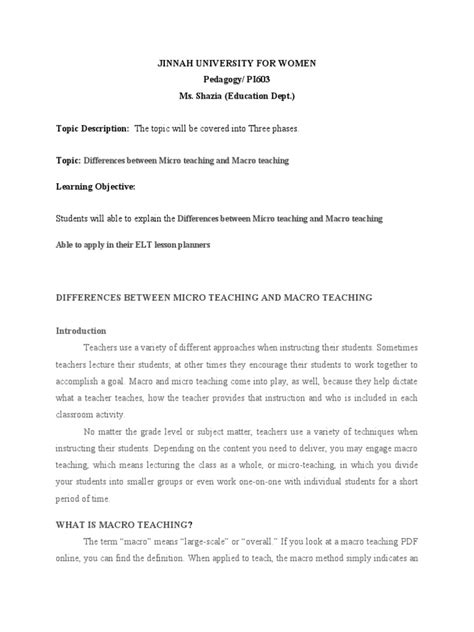 Differences Between Micro Teaching And Macro Teaching Pdf Teachers Lesson Plan