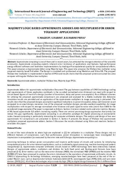Pdf Irjet Majority Logic Based Approximate Adders And Multipliers For Error Tolerant Applications