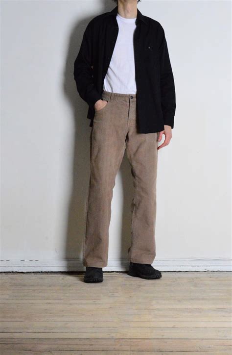 Y2k Vintage Beige Corduroy Striped Mens Pants Grunge Trousers Size 32