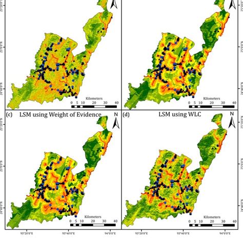 landslide susceptibility map obtained from a fr b iov c woe and d