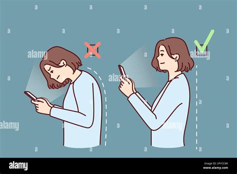 girl with mobile phone demonstrates correct and incorrect posture while