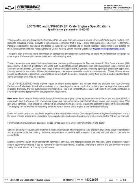 Ls376 480 Crate Engine 19301358 Pdf Vehicle Technology Engine