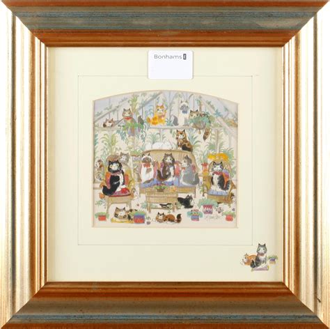 Bonhams Diane Elson 20th Century Kitchen Cats Signed Watercolour 40 X 30cm And Another By