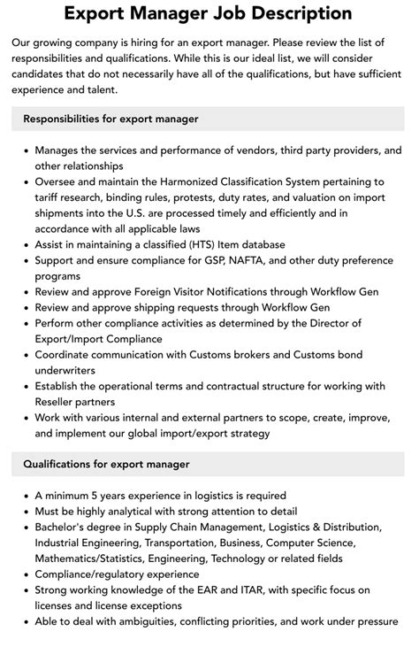 Export Manager Job Description Velvet Jobs
