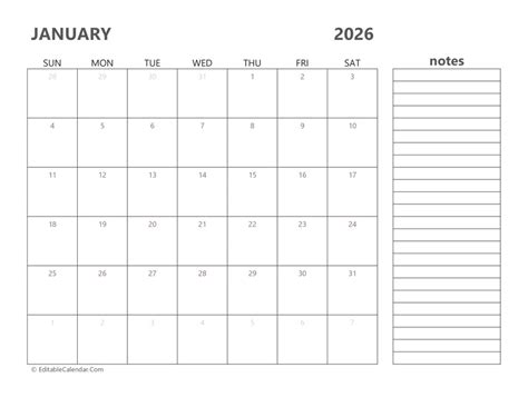 January 2026 Calendar Excel Template