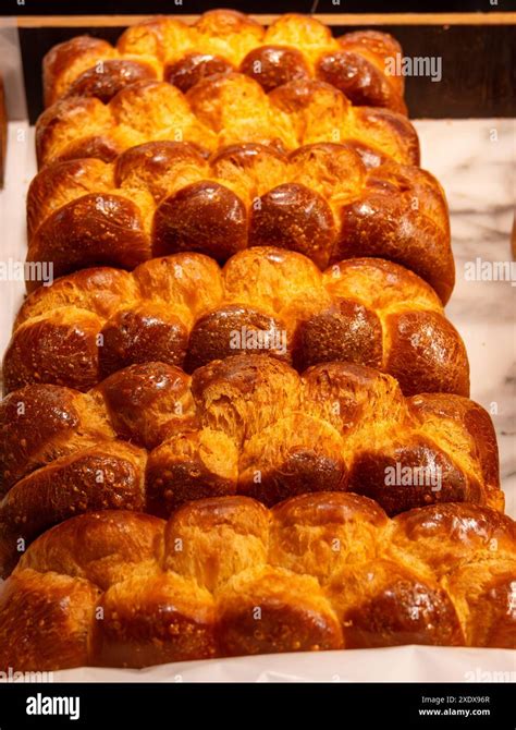 Traditional Jewish Bread Challah Braided Brioche Bread In Bakery Close