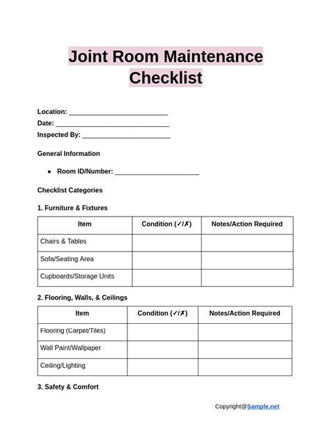 Patient Room Preventive Maintenance Checklist Template