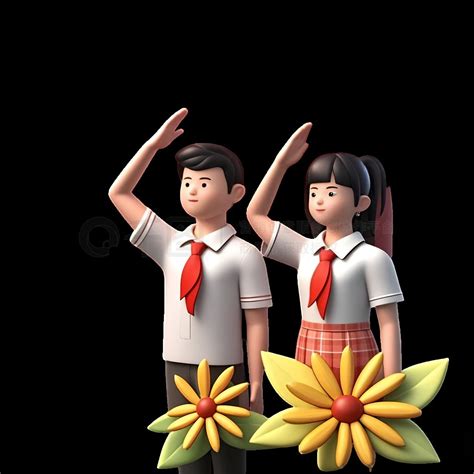 打招呼ai数字艺术 3d学生面带微笑国庆庆祝男女校服花朵敬礼卡通3d渲染青少年微笑敬礼打招呼并排站立场景插画 Ai立体元素免费下载png格式4096像素编号71473862 千图网