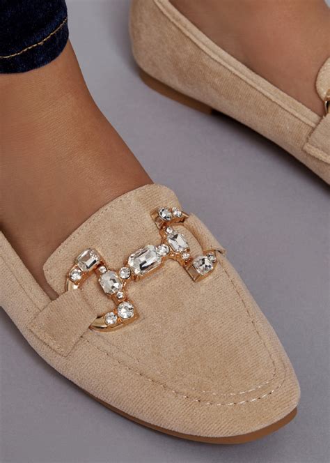 Beige Rhinestone Snaffle Detailed Loafers Shoelace Womens Shoes