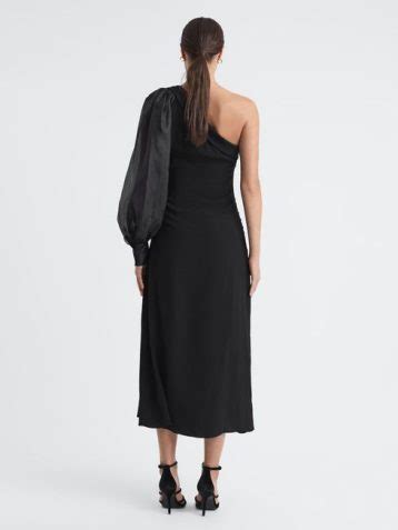 Reiss Maeve One Shoulder Blouson Sleeve Midi Dress Black