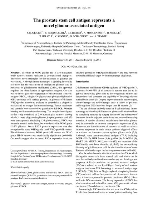 Pdf The Prostate Stem Cell Antigen Represents A Novel Glioma Associated Antigen