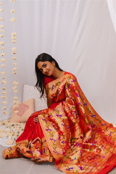 Red Paithani Silk Saree Handwoven Silk Saree Tulsi Weaves