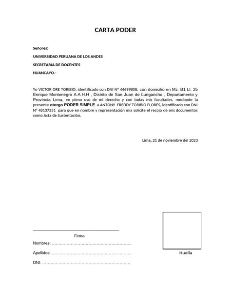 Carta Poder Para Recojo De Documentos Pdf
