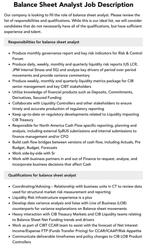 Balance Sheet Analyst Job Description Velvet Jobs