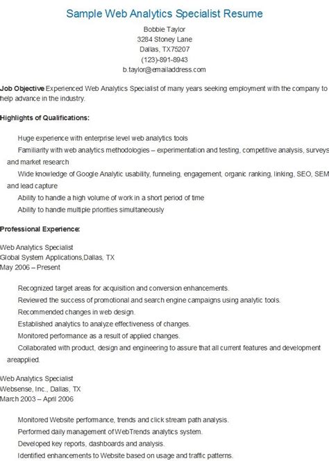 Sample Web Analytics Specialist Resume Web Analytics Resume Sample Resume