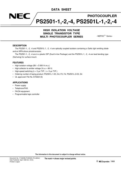 Ps2501l 2 Datasheet Dip 80ma Photocoupler Nec