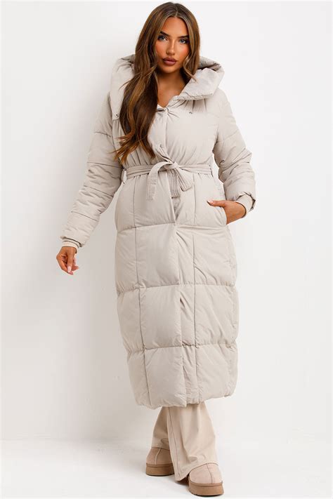 Womens Long Puffer Coat With Hood And Belt Beige Uk