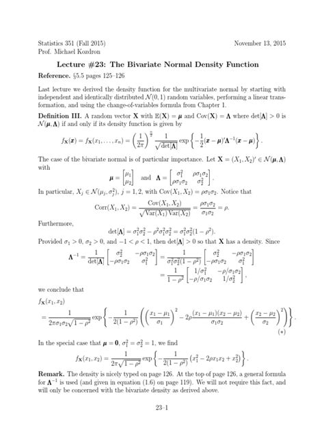 Lecture 23 The Bivariate Normal Density Function Pdf